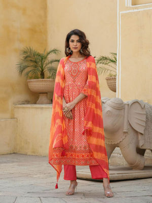 Buy Scakhi Orange German Rayon Leheriya Embroidered Suit (Set of 3) online