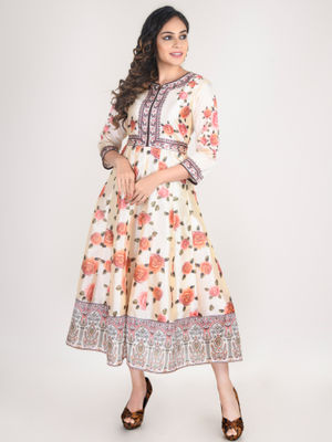 Vedic Ethnic Dresses : Buy Vedic Beige Floral Print Silk Dress (M ...