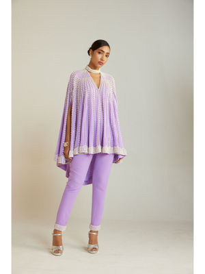 Buy Vvani by Vani Vats Pearl Embellished Lilac Asymmetrical Cape Paired ...