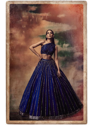 Buy Vvani by Vani Vats Midnight Blue One Shoulder Crop Top & Skirt (Set ...