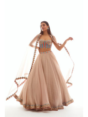 Buy Vvani by Vani Vats Beige Applique Corset Blouse with Lehenga ...