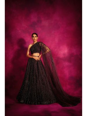 Buy Vvani by Vani Vats Oxidised Wine One Shoulder Veil Blouse & Lehenga ...