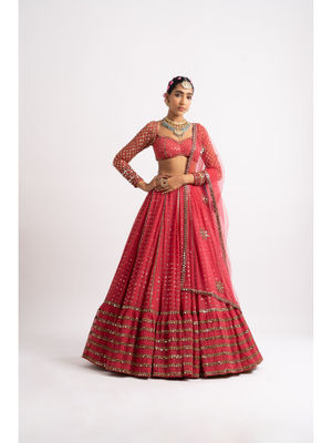 Buy Vvani by Vani Vats Deep Coral Single Tier Blouse with Lehenga ...