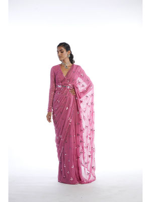 Buy Vvani by Vani Vats Dark Blush Mirror Cut Work Saree with Stitched ...