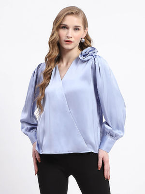 Buy Madame Powder Blue Satin Wrap Top with Flower Detail (S) Online