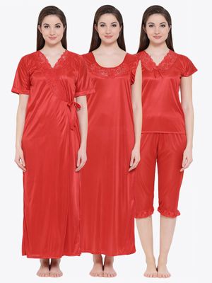 Buy Clovia Satin Nightwear In Robe, Nightie, Top, Capri Red (Set of 4 ...