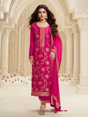 Buy Seerat Rani Pink Meena Jacquard Kurti with Dupatta and Pants (Set of 3) (XS) Online