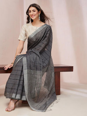 Buy Fabindia Black Linen Blend Woven Saree without Blouse Online