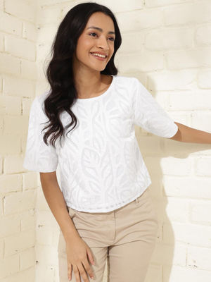 Buy Fabindia White Cotton Blend Woven Top Online