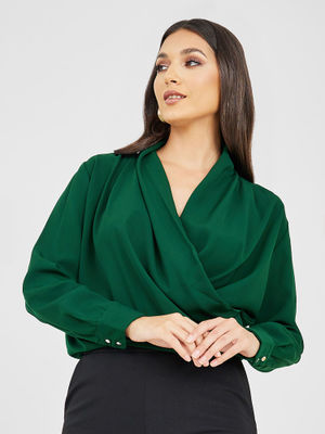 Buy Styli Wrap Front Blouse with Button Cuff Online