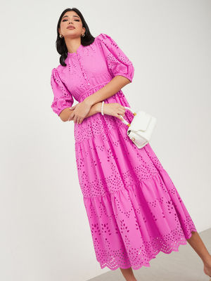 Buy Styli Puff Sleeve Self Design A-Line Midi Dress Online