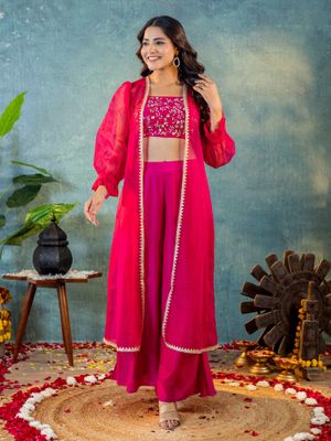 Buy Kasya Pink Santoon Emroidered Top and Palazzo with Organza Shrug ...