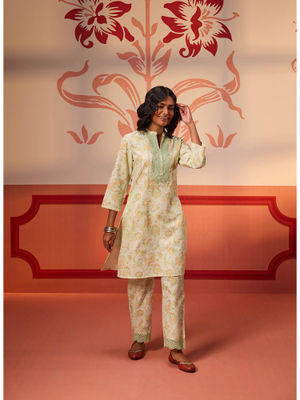 Buy Lakshita Roshna Mint Green Printed Cotton Linen Kurta with Pant for ...