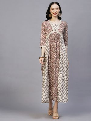 Buy FASHOR Ethnic Floral Printed A-line Fit And Flare Maxi Dress - Off ...