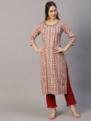 Buy FASHOR Ethnic Printed Pearl, Stones And Embroidered Kurta - Grey ...