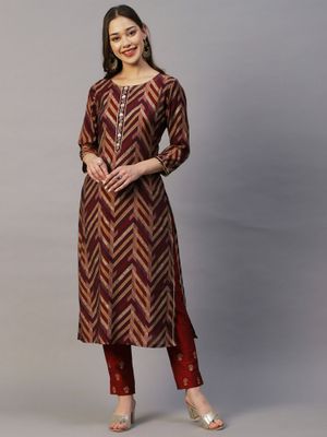 Buy FASHOR Chevron And Ethnic Foil Printed Zardozi Embroidered Kurta ...