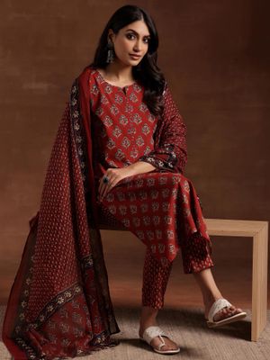 Buy Libas Women Rust Floral Kurta with Pant & Dupatta (XS) Online