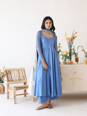 Buy Baise Gaba Blue Lagoon Embroidered Neck Anarkali Kurta with Pant ...