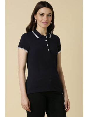 Buy Allen Solly Women Navy Solid Casual T-Shirt (XS) Online