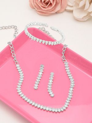 Buy Zaveri Pearls Silver Tone Marquise Cubic Zirconia Necklace Earring ...