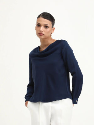 Buy RAREISM Women Avier Navy Blue Cowl Neck Pull On Closure Plain Top ...