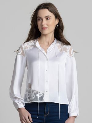 Buy SHAYE Band Collar White Embroidered Long Sleeves Casual Top For ...