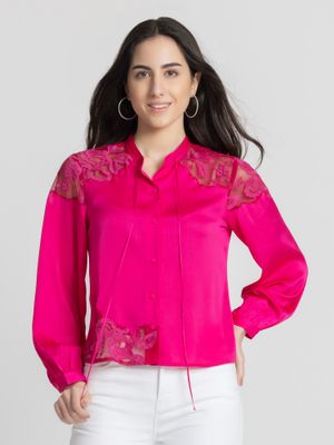 Buy Shaye Band Collar Fuchsia Embroidered Long Sleeves Casual Shirt For ...