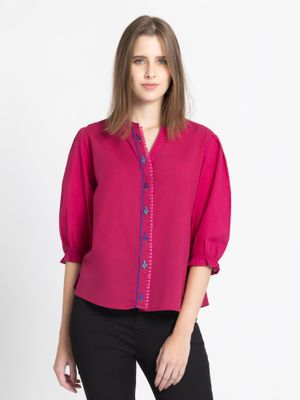 Buy SHAYE Band Collar Pink Embroidered Three-Quarter Sleeves Casual Top ...