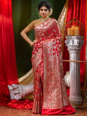 Buy House Of Begum Bridal Banaras Maroon Silk Saree With Unstitched ...