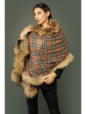 Buy Dusala India Pashmina Brown Fur Border Stole In Checks Design Online