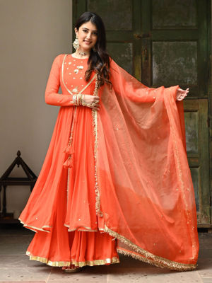Buy Urbanstree Kesari Orange Embroidered Kurta with Sharara and Dupatta ...