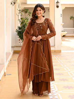 Buy Urbanstree Bhumija Brown Embroidered Anarkali Kurta with Palazzo ...