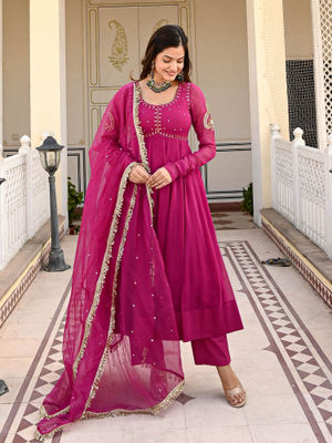 Buy Urbanstree Parnika Pink Embroidered Anarkali Kurta with Pant and ...