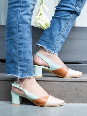 Buy Shoetopia Girls Cream-Coloured Green Colorblock Block Heels with ...