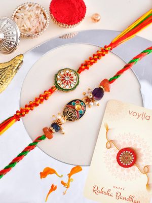 Buy Voylla Traditional Motifs Thread Rakhi with Roli Chawal & Card (Set ...