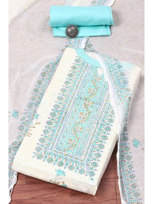 Buy Biba Beige Mint Blue Cotton Printed Unstitched Suit (Set of 3) Online