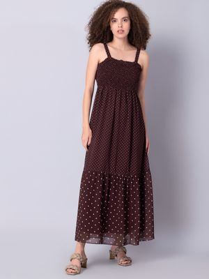 Buy Faballey Wine Polka Strappy Smocked Back Tie Dress Online