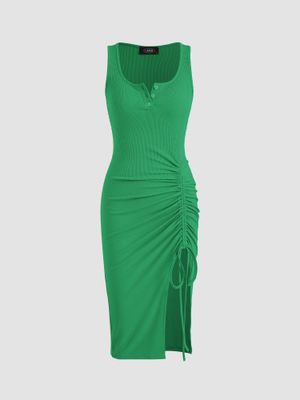 Buy Cider Green Textured Rib Button Drawstring Midi Dress Online