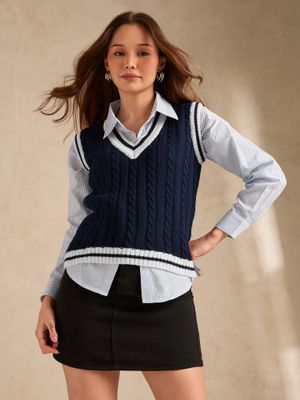 Buy Outzidr Navy Blue Varsity Contrast Tipping Sweater (XS) Online