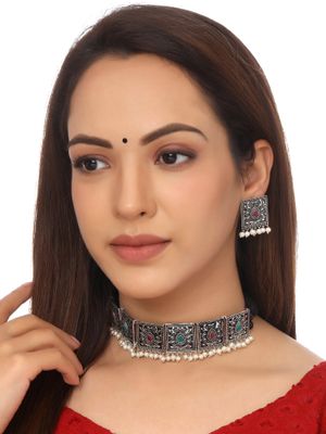 Buy Yellow Chimes Silver-Plated Green and White Square Stone Studded ...