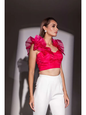 Buy Kayjay by Kritika Jain Padded Ruffled Shoulder Marbella Crop Top ...