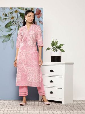 Buy Libas Pink Silk Blend Printed Straight Kurta (XS) Online