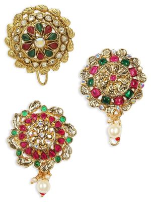 Buy OOMPH Red-Maroon and Green Stones Ethnic Hair Bun Pins- Set of 3 Online