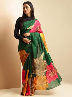 Buy Navyasa By Liva Dark Green Linen Floral Print Saree with Unstitched ...