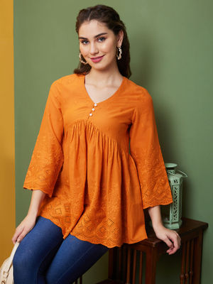 Buy Globus Women Orange Solid Cotton Casual V-Neck A line Tunics Online