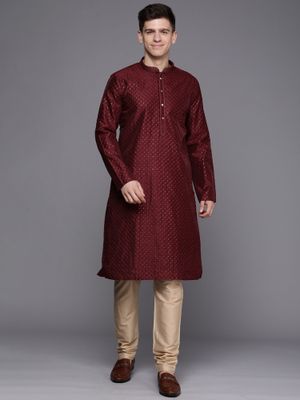 Buy Manyavar Maroon Full Sleeves Kurta Churidar (Set of 2) Online