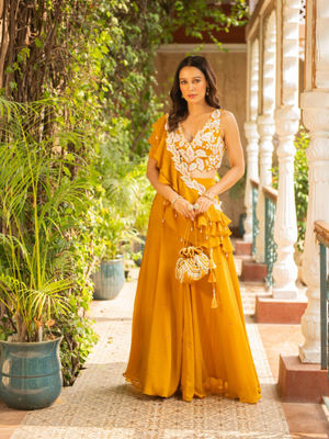Buy Ajiesh Oberoi Jhalak Mustard Blouse - Sharara with Ruffle Drape ...