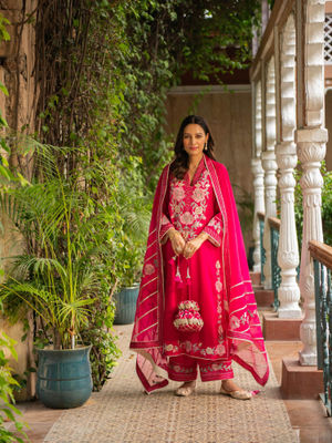 Buy Ajiesh Oberoi Manya Rani Pink Kurta and Palazzo with Dupatta (Set ...
