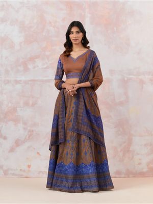 Buy Basanti Kapde aur Koffee Brown Printed Lehenga (Set of 3) Online