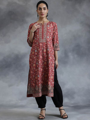 Buy Libas Rust Crepe Floral Printed Straight Kurta (XS) Online